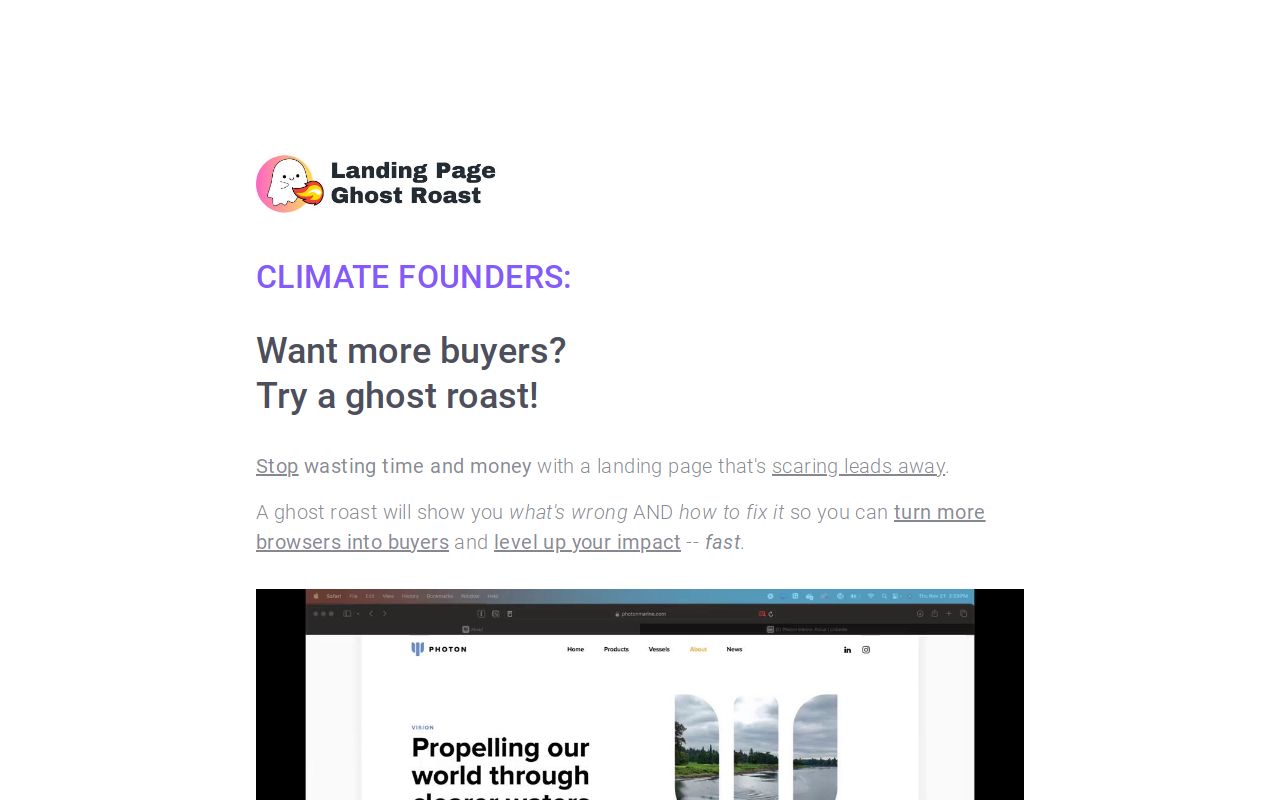Landing Page Ghost Roast (for busy climate founders)